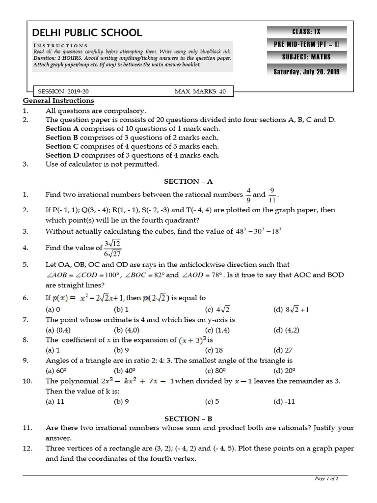 QP MATHS IX 2019-20 of DPS Patna | PDF | Area | Triangle