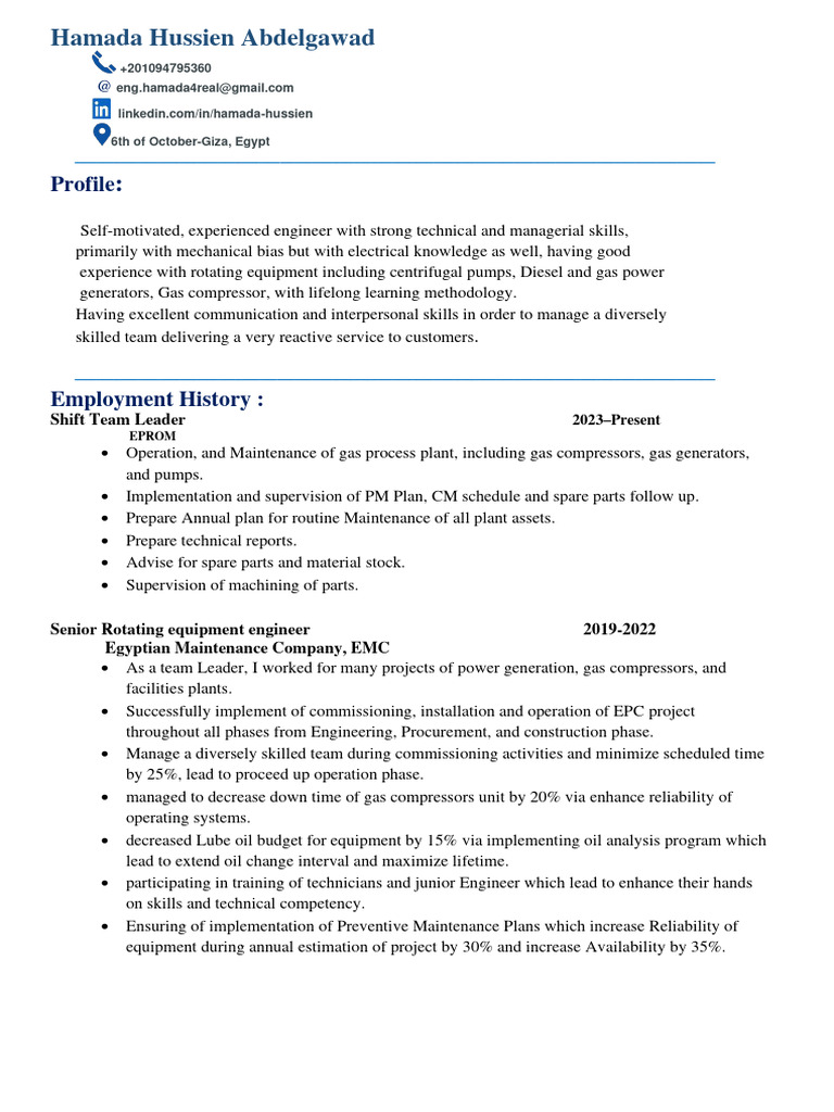 Sr.Rotating equip. engineer CV-2024 | PDF | Engineering
