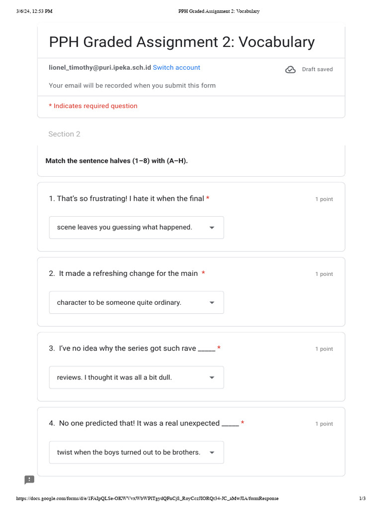 Vocabulary Matching Quiz | PDF