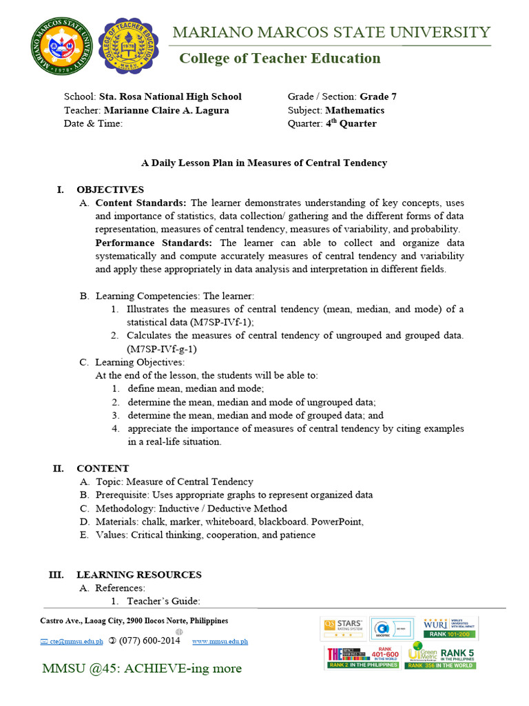 LessonPlan_Grade7Week5 | PDF | Mean | Mathematics