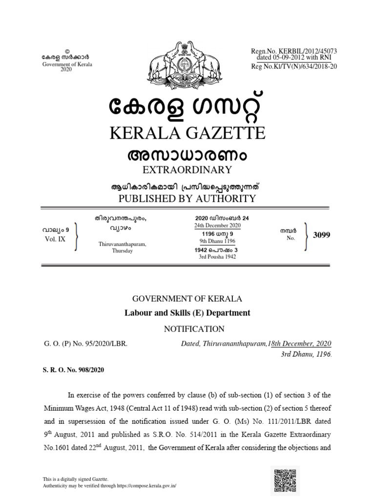 Kerala Minimum Wages 2025 Update | PDF | Employment | Wage