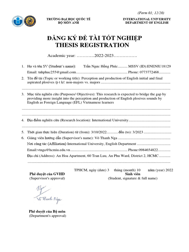Form 01 - Thesis Registration Form | PDF
