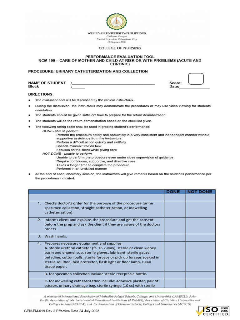 Urinary Catheterization and Collection Checklist | PDF | Catheter ...