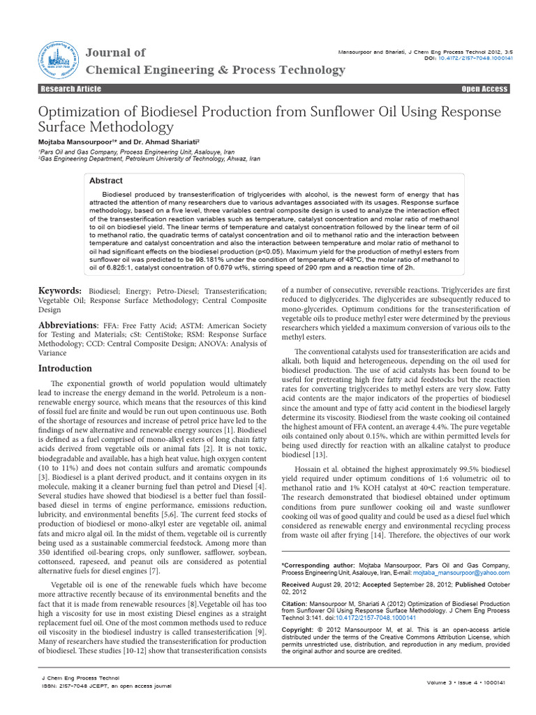 Optimization of Biodiesel Production From Sunflower Oil Using Response ... Optimization of Biodiesel Production From Sunflower Oil Using Response ...