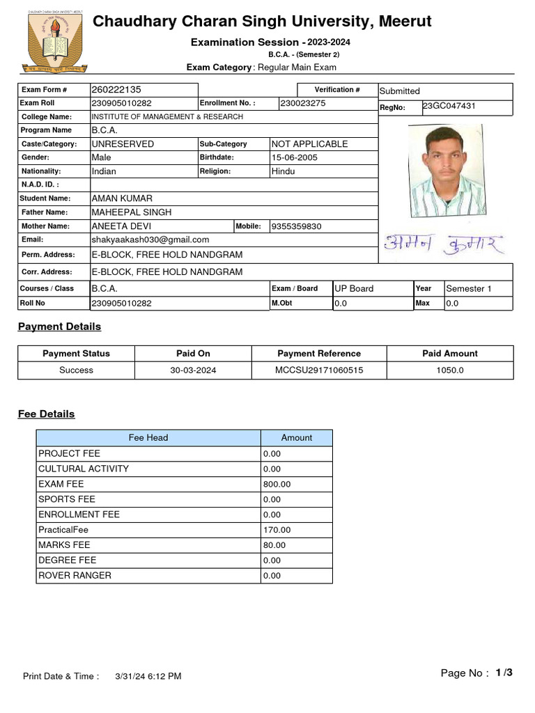 Student Exam Form | Download Free PDF | Schools | Science