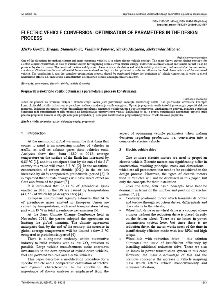 Electric Vehicle Conversion: Optimisation of Parameters in The Design ...