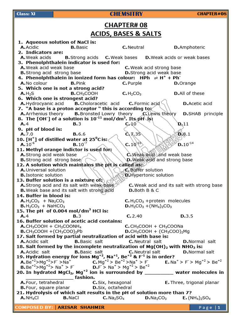Chemistry XI Chapter Acid Bases Salt | PDF | Ph | Acid