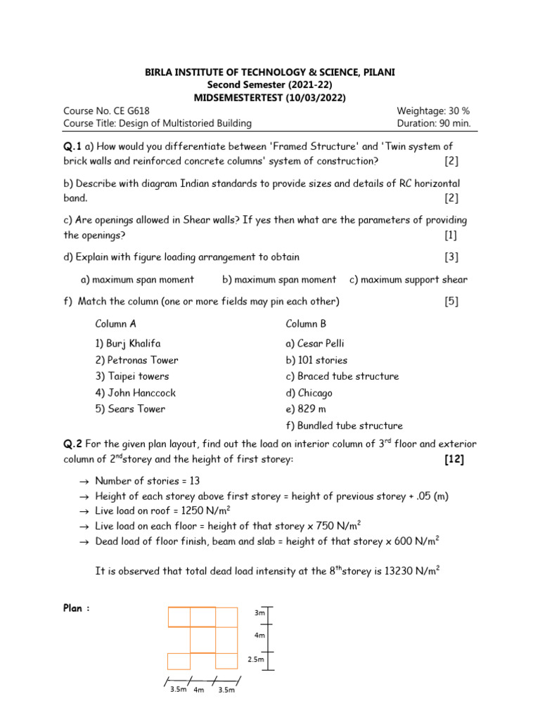 1152 CE G618 Mid Semester Question Paper | PDF | Structural Engineering | Building Technology