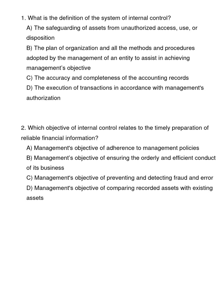 Internal Control MCQ | PDF | Internal Control | Audit