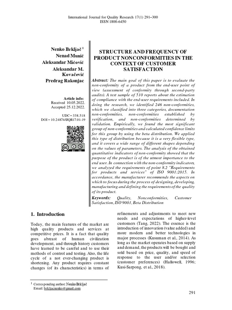 Structure and Frequency of Product Nonconformities in The Context of Customer Satisfaction | PDF ...