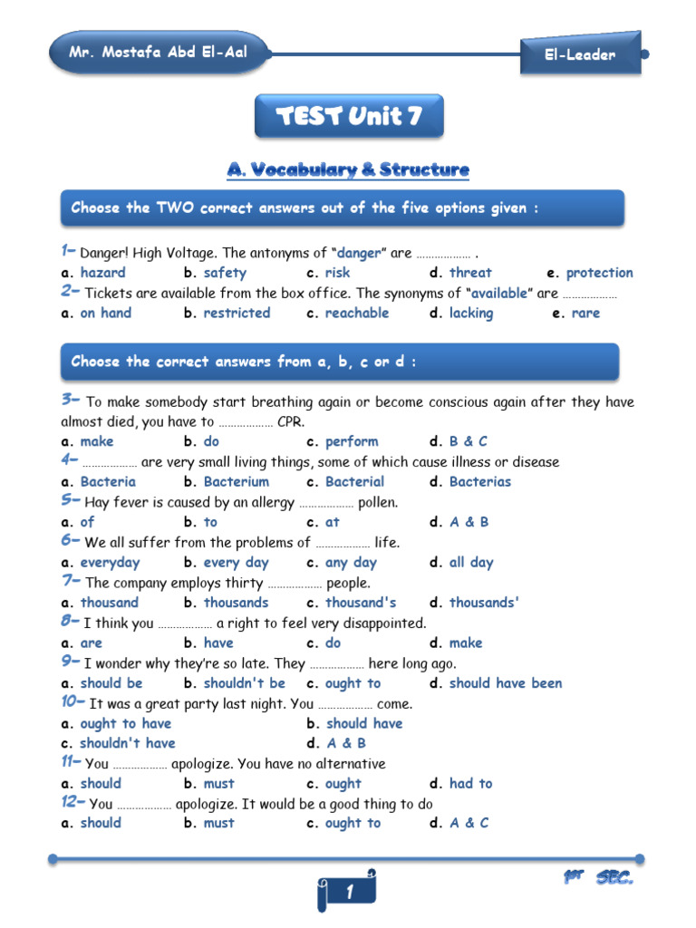 Unit 7 Exam. Sec. 1 With Answers (2) | PDF | Health Sciences | Health Care