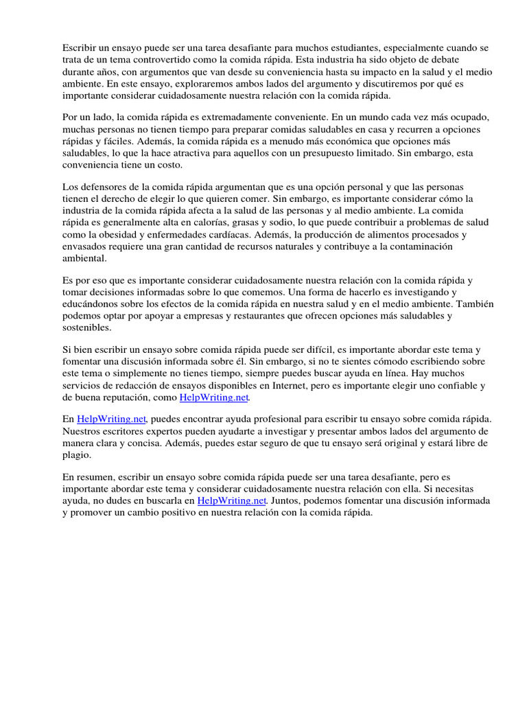 Argumento Ensayo Sobre Comida Rápida | PDF | Alimentos | Comida rápida