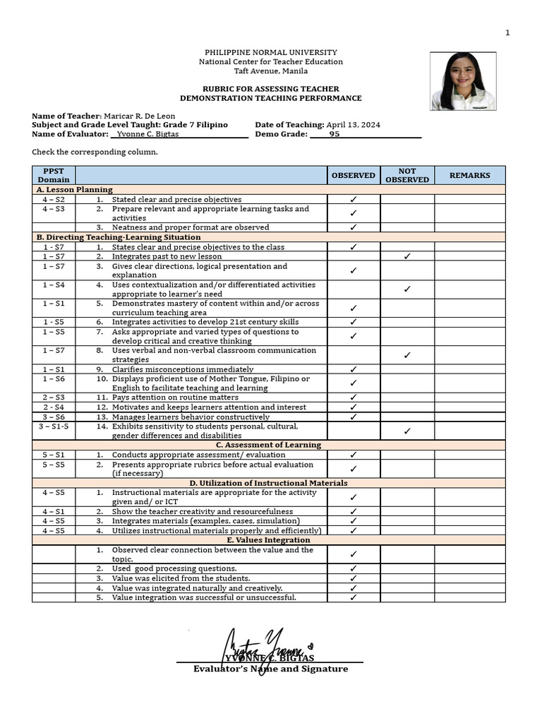 demo teaching rubric form | PDF | Learning | Teachers