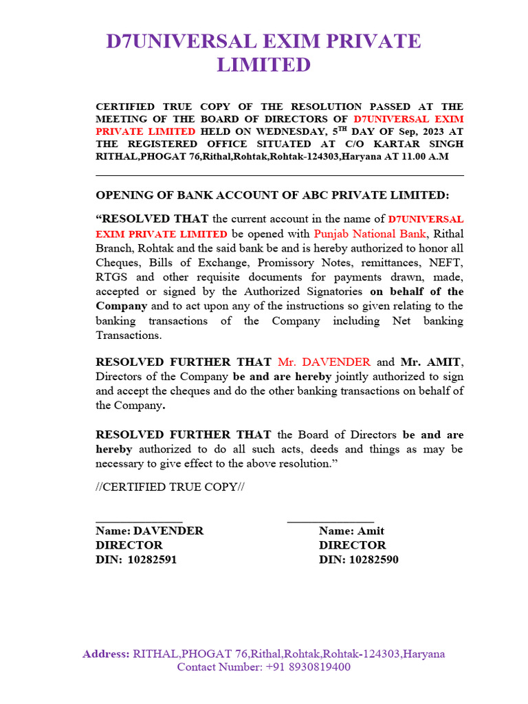 Certified True Copy of The Resolution Passed at The Meeting of The ...