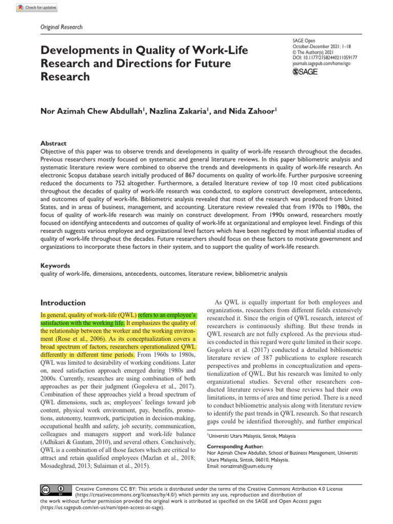 Abdullah Et Al 2021 Developments in Quality of Work Life Research and ...
