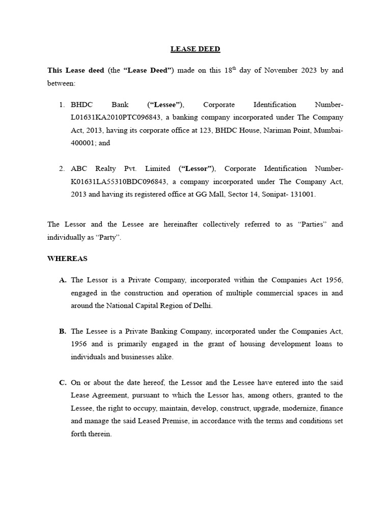Draft_lease_deed Assignment 3 | PDF | Lease | Mediation