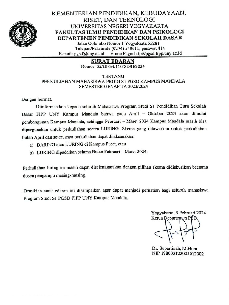 Surat Edaran - Perkuliahan Mahasiswa Prodi S1 PGSD Kampus Mandala | PDF
