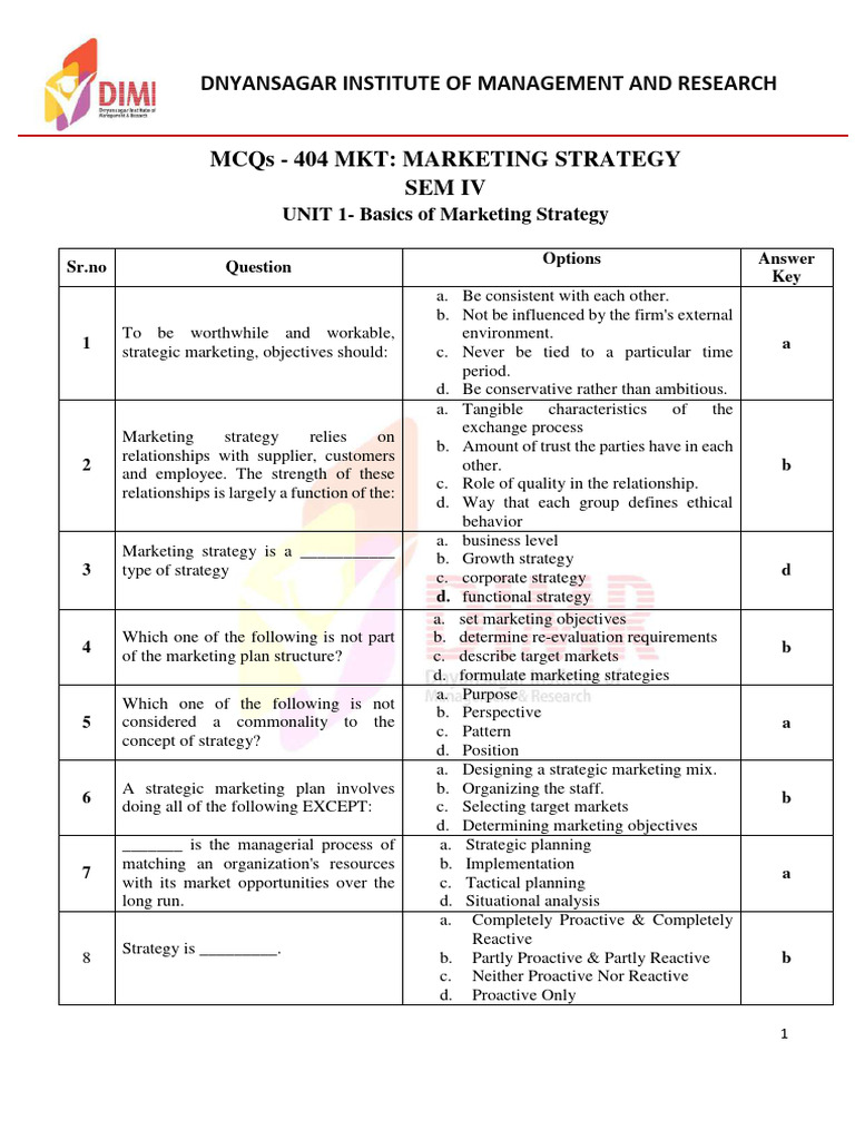 Marketing Strategy MCQs for SEM IV | PDF | Forecasting | Marketing