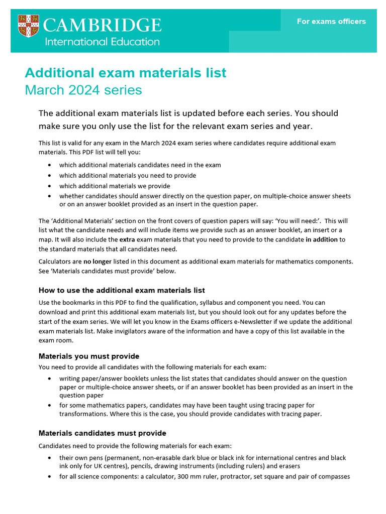 Additional Exam Materials List 2024 | PDF | Technology & Engineering