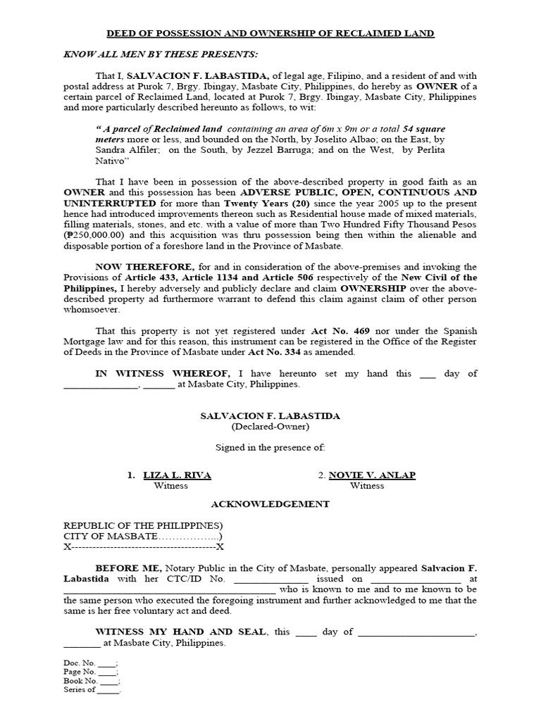 Deed of Possession and Ownership of Reclaimed Land | PDF | Private Law ...