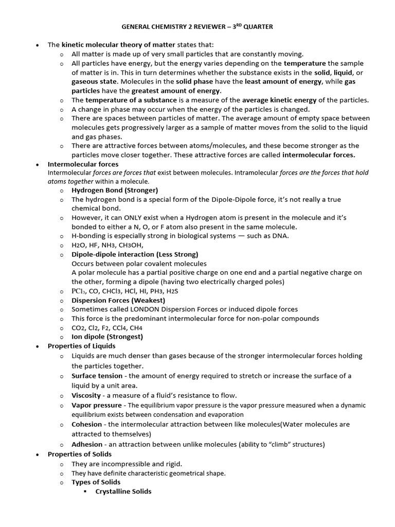General Chemistry 2 Reviewer 3 RD Quarte | PDF | Solubility | Intermolecular Force