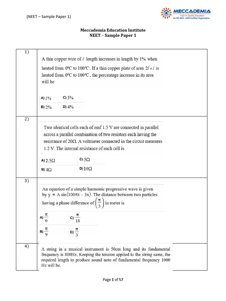 NEET Sample Paper 1 by Meccademia | PDF | Teaching Methods & Materials