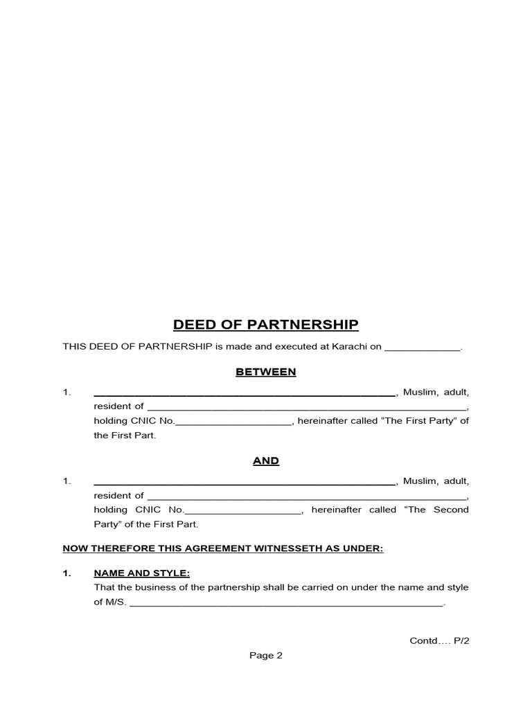 DEED OF PARTNERSHIP (Blank) | Download Free PDF | Partnership | Common Law