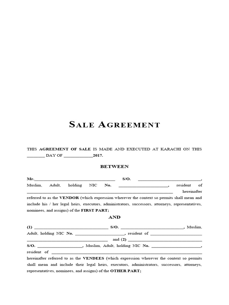SALE AGREEMENT Full and Final (BLANK 2 Vendees) | PDF | Deed | Lien