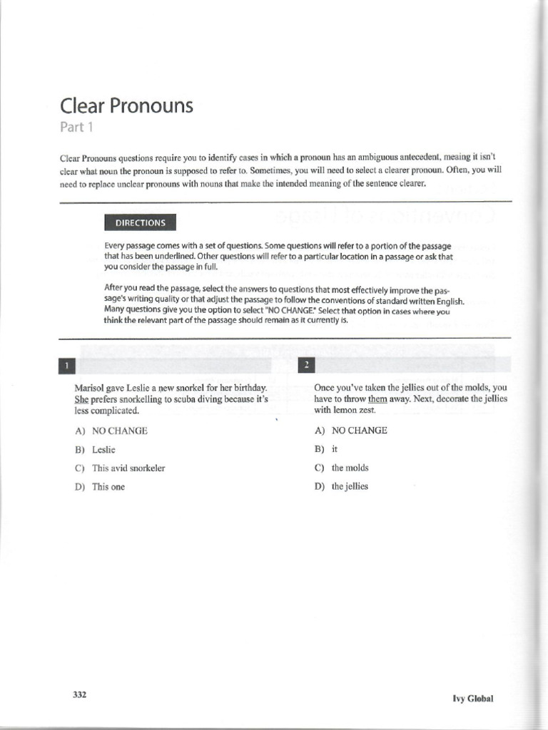 Clear Pronouns, Reading and Writing Prep, pp. 332-334 | PDF