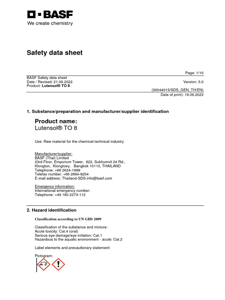 Lutensol TO8, SDS (19-6-23) | PDF | Toxicity | Occupational Safety And ...