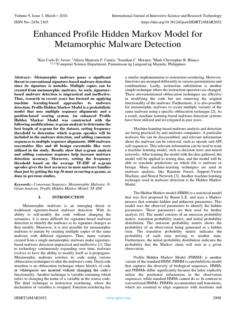 Enhanced Profile Hidden Markov Model For Metamorphic Malware Detection Pdf Sensitivity And
