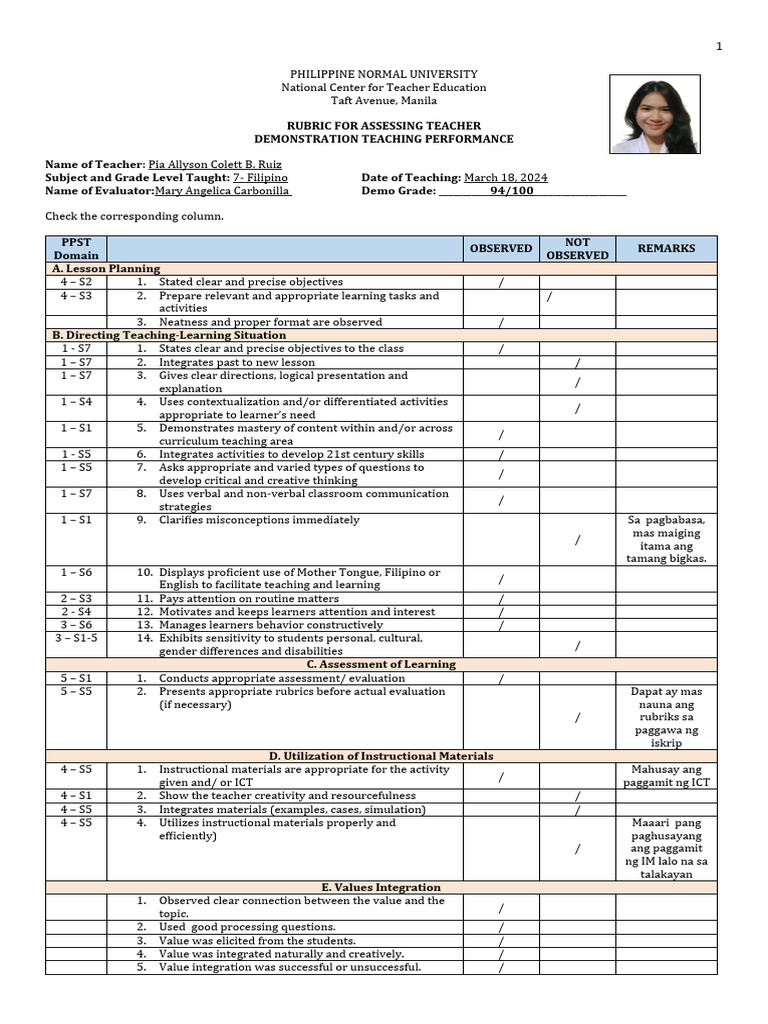 alcantara demo teaching rubric form template | PDF | Learning | Rubric ...