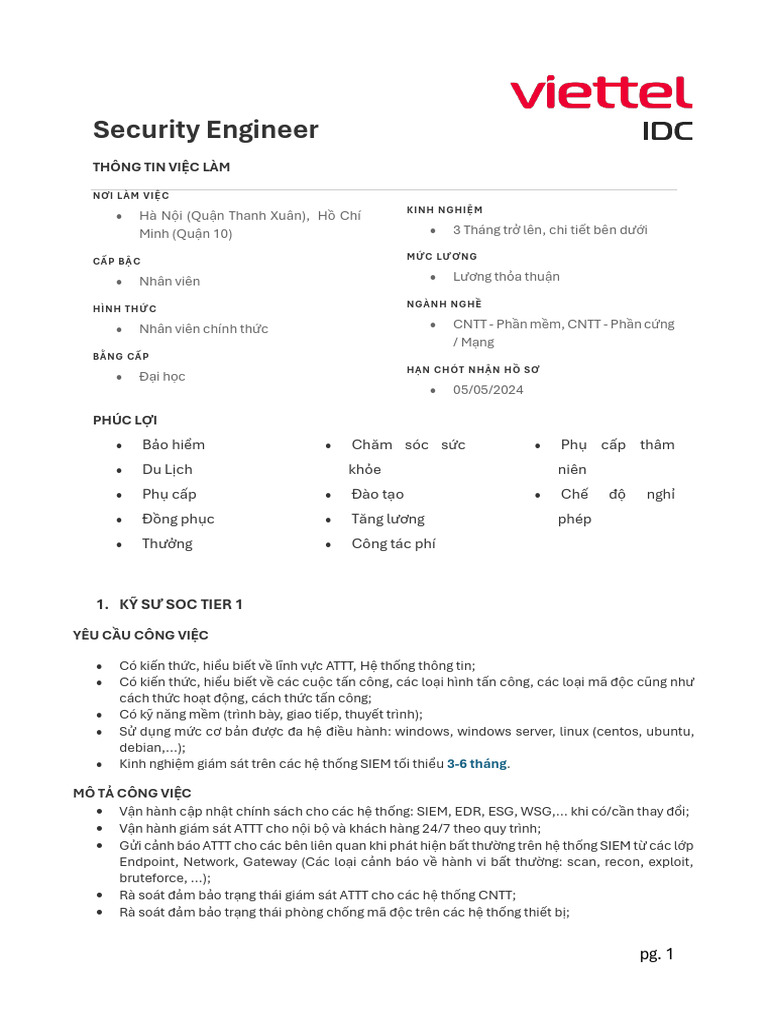 JD - Security Engineer SOC Tier 1 2 3 - Viettel IDC | PDF