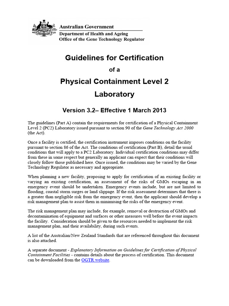 Guidelines For Certification of A Physical Containment Level 2 ...