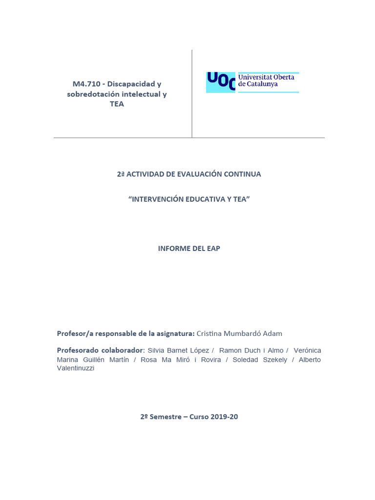 2a PEC 2019-20 2. Informe EAP | Descargar gratis PDF | Espectro autista | Plan de estudios