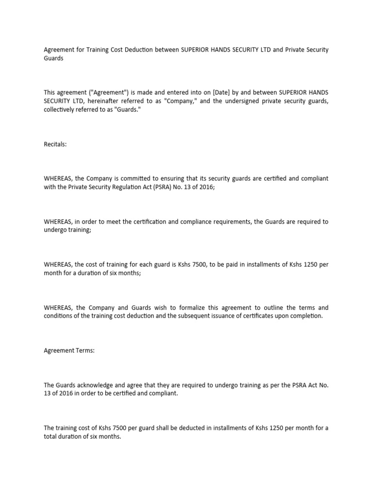 Training Cost Deduction Agreement | PDF | Business | Finance & Money ...