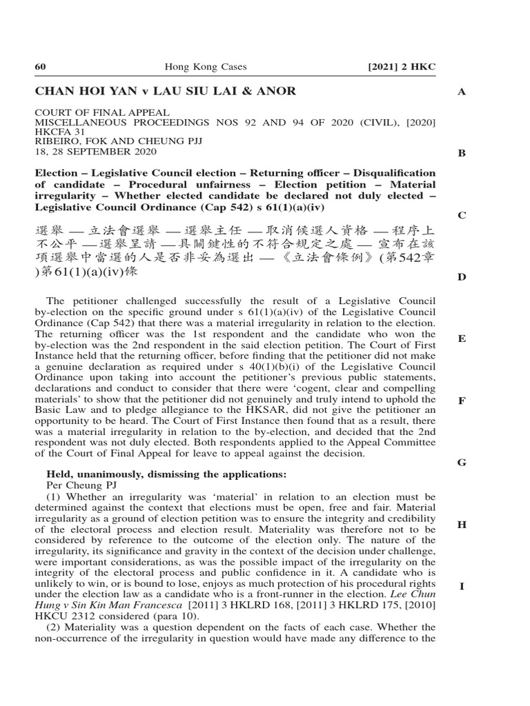 CHAN HOI YAN V LAU SIU LAI & ANOR - (2021) 2 HKC 60 | PDF | Government ...