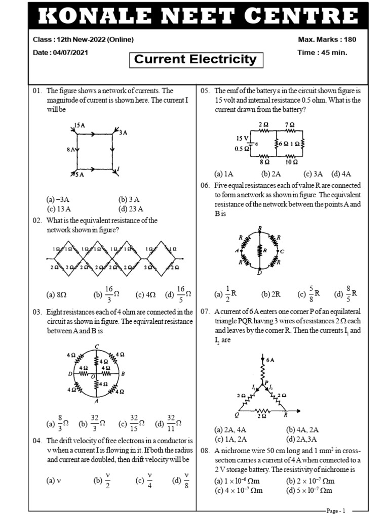 Current and Resistance Problems for NEET | PDF | Volt | Electrical ...