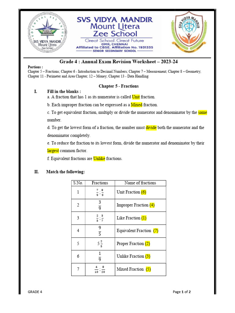 3-Gr4 Answer Key-Revision Worksheet - Fractions | PDF | Numbers ...