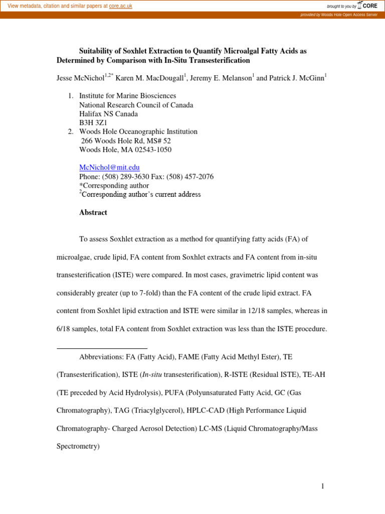 Suitability of Soxhlet Extraction To Quantify Microalgal Fatty Acids As Determined by Comparison ...