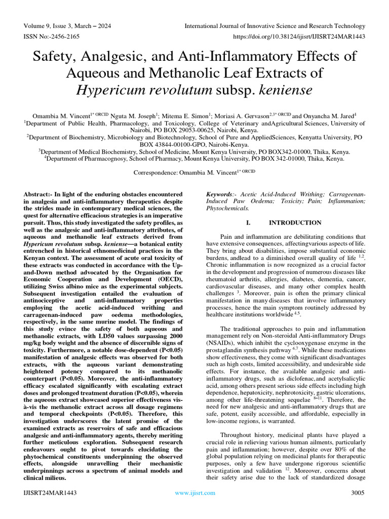 Safety Analgesic And Anti Inflammatory Effects Of Aqueous And Methanolic Leaf Extracts Of