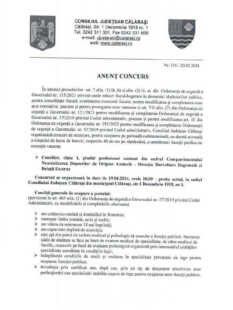 Anunt Organizare Concurs de Recrutare Pentru Ocuparea Unei Functii Publice de Executie Vacante ...