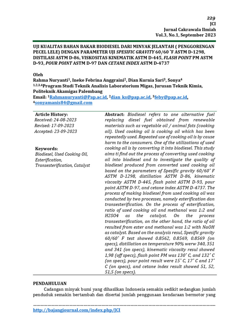 Uji Kualitas Bahan Bakar Biodiesel Dari Minyak Jel | PDF