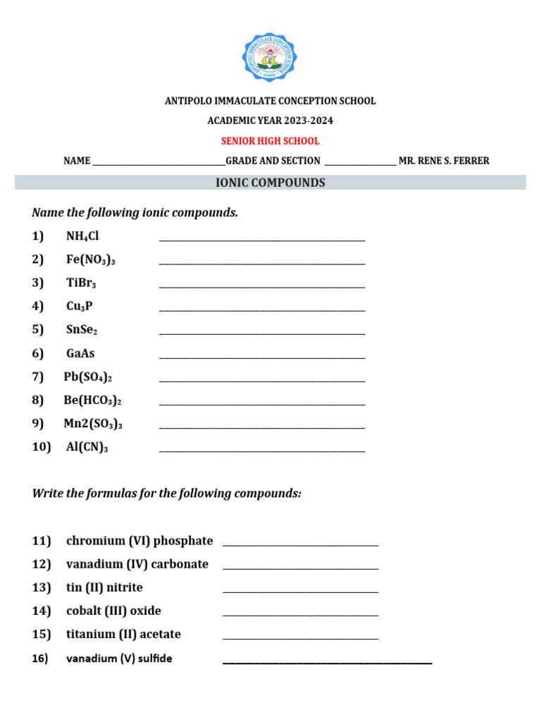 SHS Worksheets 6 Polyatomic Ions | PDF