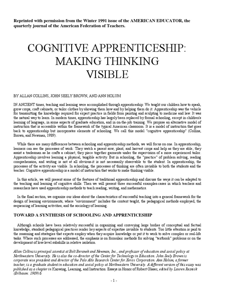 Cognitive Apprenticeship: Making Thinking Visible | PDF
