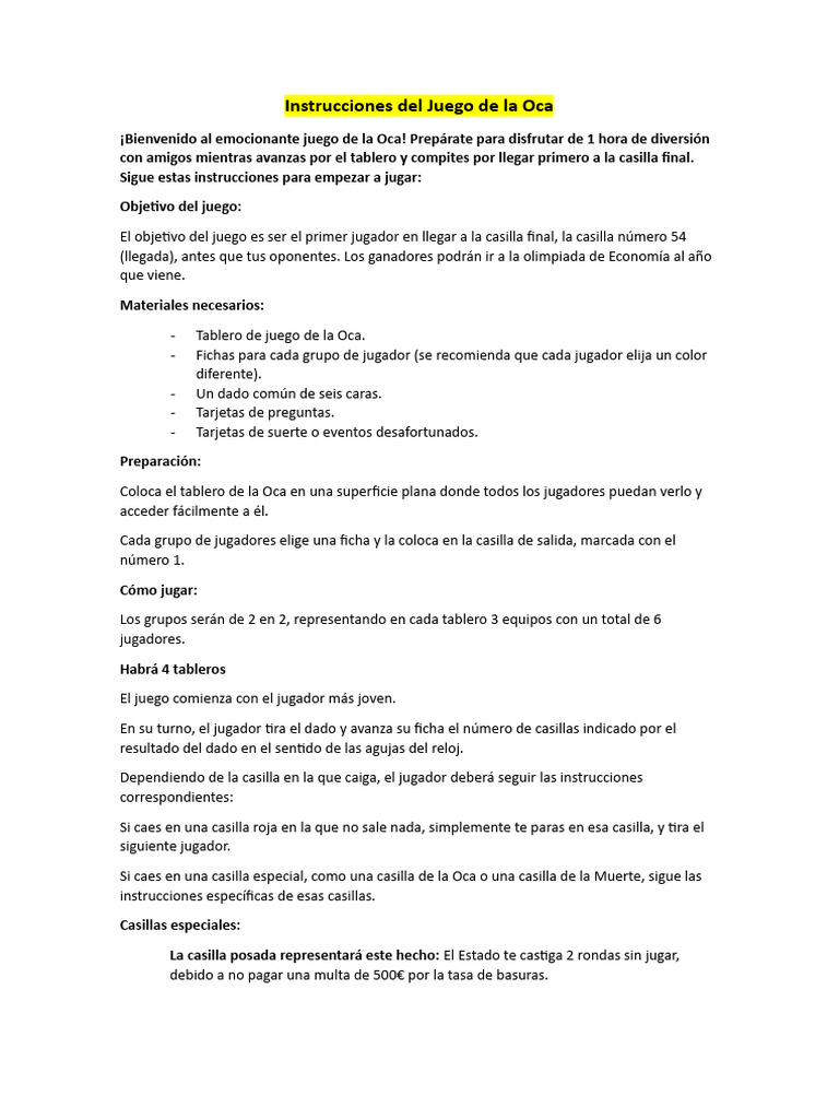 Instrucciones Juego de La Oca | PDF | Juego de azar | Juegos de mesa