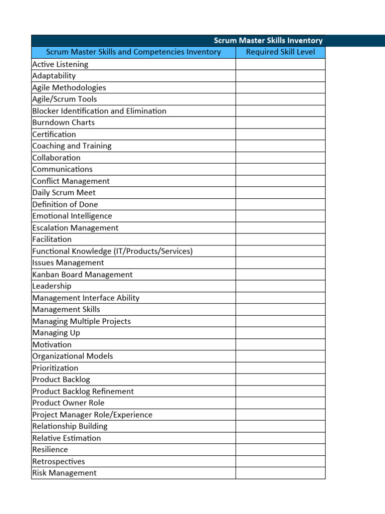 Scrum Master Skills Inventory Template | PDF