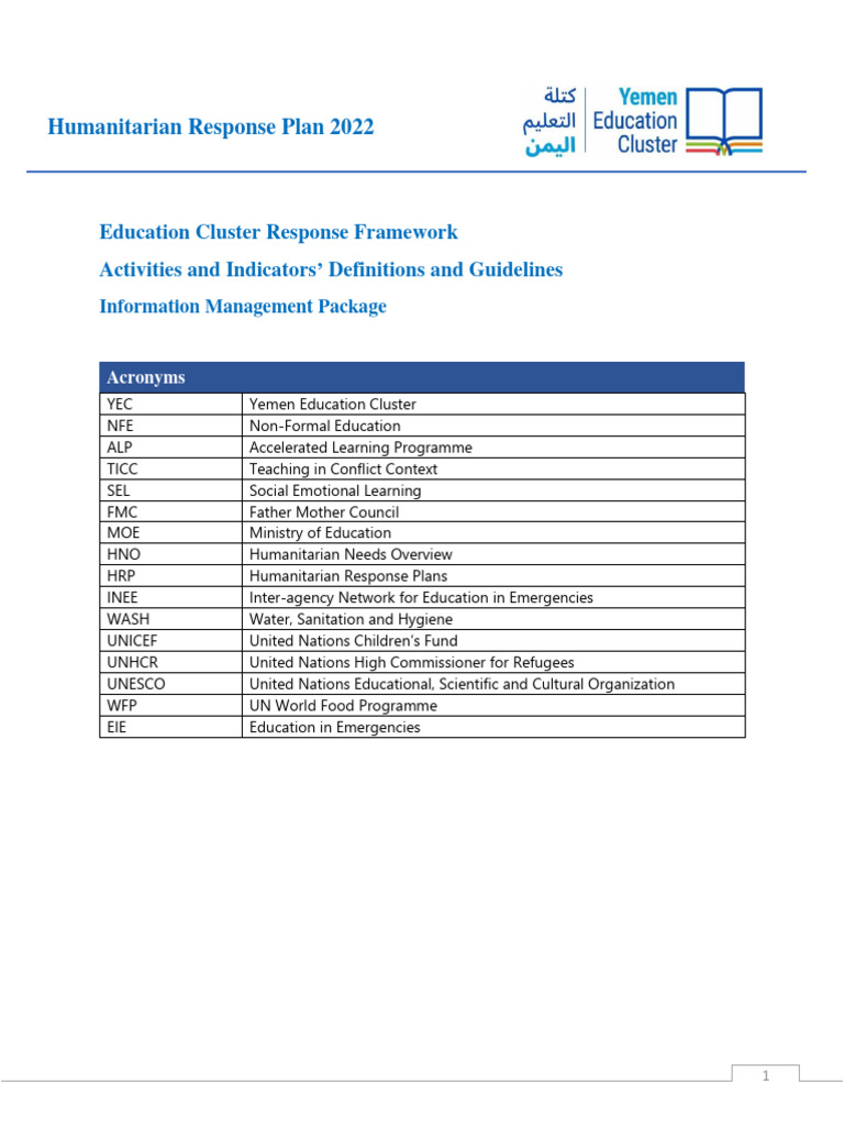 Yemen Education Cluster Framework 2022 | PDF | Wash | Teachers