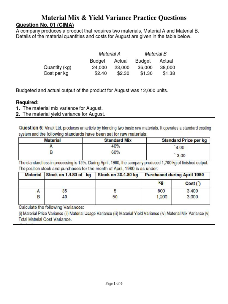 Material Mix & Yield Variance-Practice Questions | PDF