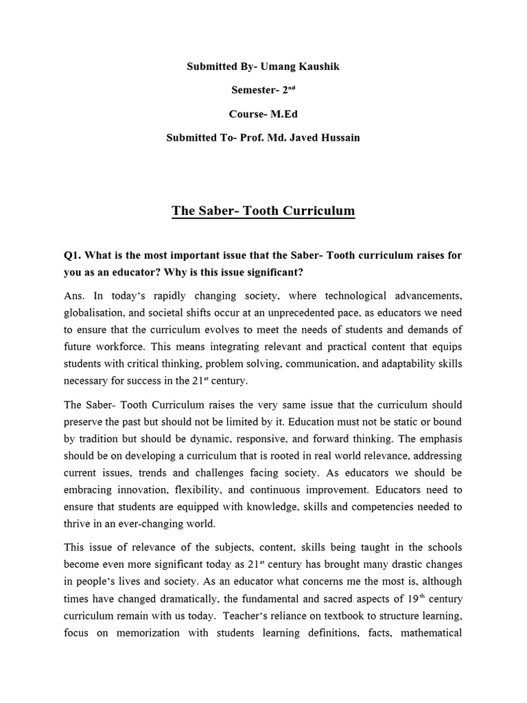 Saber Tooth Curriculum Questions PDF Curriculum Learning
